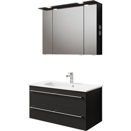 Badm&ouml;bel-Set &raquo;Serie 6025 2-teilig Mineralmarmor-Waschtisch mit LED-Spiegelschrank&laquo; 2 Stk. tlg. schwarz Spanplatte