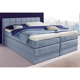 Hapo Boxspringbett mit Bettkasten blau Das Bett ist mit pflegeleichtem Feinstrukturstoff in Leinenoptik (100% Polyester) bezogen.;Die Oberseite der 