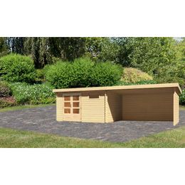 Karibu Gartenhaus mit Anbaudach und Seiten- und R&uuml;ckwand beige Holzwerkstoff
