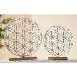 Gilde Dekoobjekt &raquo;Lebensblume auf Holzbase, silber&laquo; H&ouml;he 36 cm, aus Metall, Sockel aus Holz, Wohnzimmer silber Aluminium