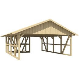 Skan Holz Doppelcarport &raquo;Schwarzwald&laquo; Massivholz 560 cm Eiche hell mit Abstellraum 1, mit Dachschalung braun