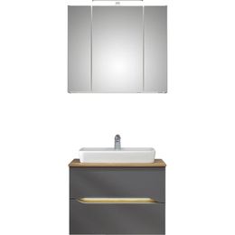 Badm&ouml;bel-Set &raquo;Quickset 2-teilig, Keramik-Aufsatzbecken mit LED-Spiegelschrank&laquo; 5 Stk. tlg. grau