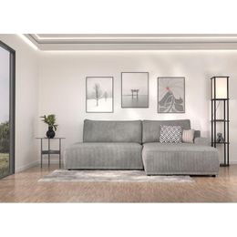 Trendmanufaktur Ecksofa &raquo;Fordon II, Schlafsofa mit Bettkasten, Couch in L-Form, Breite 250 cm&laquo; in Cordstoff HYPER, betongrau, Armlehne rechts blau 92%