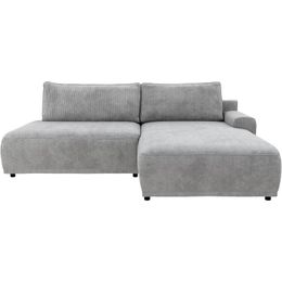 Trendmanufaktur Ecksofa &raquo;Fordon II, Schlafsofa mit Bettkasten, Couch in L-Form, Breite 250 cm&laquo; in Cordstoff HYPER, betongrau, Armlehne rechts blau 92%
