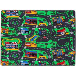 PRIMAflor-Ideen in Textil Kinderteppich &raquo;CITY, Made in Belgium&laquo; rechteckig 5 mm H&ouml;he Stra&szlig;en-Spiel-Teppich, Stra&szlig;enbreite ca. 9 cm, Kinderzimmer gr&uuml;n 