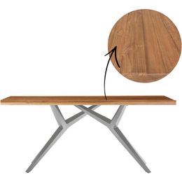 Sit Esstisch mit rustikaler Oberfl&auml;che braun Platte recyceltes Teak, Gestell Metall