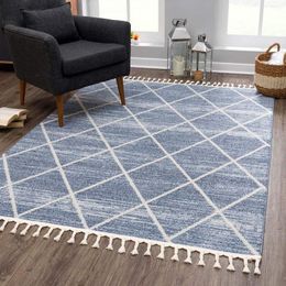Carpet City Teppich &raquo;Art 2646&laquo; rechteckig 7 mm H&ouml;he L&auml;ufer, Kurzflor, mit Kettf&auml;den, Rauten-Optik, Fransen blau Polypropylen