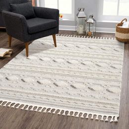 Carpet City Hochflor-Teppich &raquo;VALENCIA 930&laquo; rechteckig 20 mm H&ouml;he Boho-Stil, Hochtief-Muster/ 3D-Effekt, mit Fransen beige Obermaterial: 55% Polypropylen, 45% 