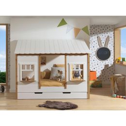 Vipack Kinderbett &raquo;Hausbett, aus MDF und Massivholz wei&szlig; lackiert mit farblichen Absatz&laquo; B/H/T ca. 214,5x174x107,5cm, vorne 2 Fenster, mit Liebe zum Detail, 