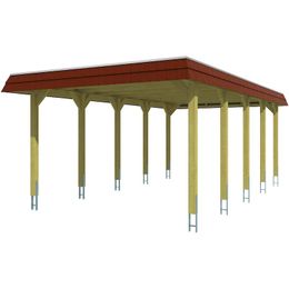 Skan Holz Einzelcarport &raquo;Spreewald&laquo; Massivholz 342 cm Gr&uuml;n mit Aluminiumdach, rote Blende gr&uuml;n