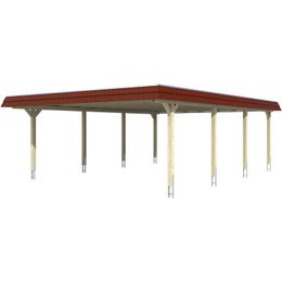 Skan Holz Doppelcarport &raquo;Wendland&laquo; Leimholz 550 cm Wei&szlig; mit Aluminiumdach, rote Blende wei&szlig;