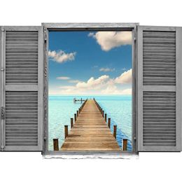 queence Wandtattoo &raquo;Steg im Meer&laquo; Wandsticker, Wandbild, selbstklebend, 3D, Fenster blau
