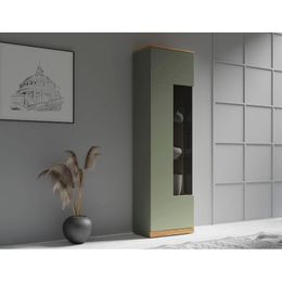 OTTO home Vitrine &raquo;Ribe,180cm hoch,5 F&auml;cher,2 Glasb&ouml;den variabel einsetzbar&laquo; Oberplatte Eiche massiv,dunkles Glas, schwarze Metall Griffe FSC -