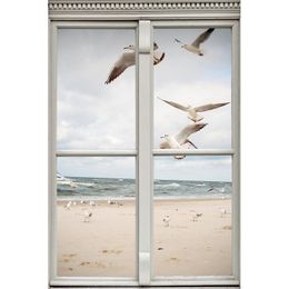 queence Leinwandbild &raquo;M&ouml;wen&laquo; Fensterblick Meer Natur V&ouml;gel 1 Stk. tlg. Premium-Leinwandstoff beige Canvas, Holzrahmen