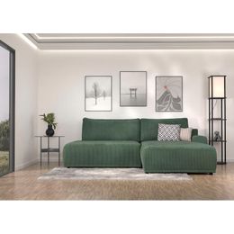 Trendmanufaktur Ecksofa &raquo;Fordon II, Schlafsofa mit Bettkasten, Couch in L-Form, Breite 250 cm&laquo; in Cordstoff HYPER, dunkelgr&uuml;n, Armlehne rechts gr&uuml;n 92