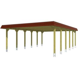 Skan Holz Doppelcarport &raquo;Spreewald&laquo; Massivholz 530 cm Gr&uuml;n mit EPDM-Dach, rote Blende gr&uuml;n