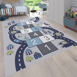 Paco Home Kinderteppich &raquo;Bino 565&laquo; rechteckig 4 mm H&ouml;he Kurzflor, Stra&szlig;en-Spiel-Teppich & Spielmotiv H&uuml;pfk&auml;stchen grau Polyester