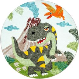 Paco Home Kinderteppich &raquo;Diamond 636&laquo; rund 18 mm H&ouml;he 3D-Design, Motiv Dinosaurier, Kinderzimmer gr&uuml;n Polypropylen (PP)