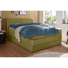 Hapo Boxspringbett mit Bettkasten gr&uuml;n Kopfteil, seitliche Unterbox und Obermatratze sind mit pflegeleichtem Feinstrukturstoff in Leinenoptik (100% 