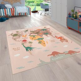 Paco Home Kinderteppich &raquo;Bino 583&laquo; rechteckig 4 mm H&ouml;he Spielteppich, Motiv Weltkarte & Dinosaurier, Kinderzimmer beige Polyester