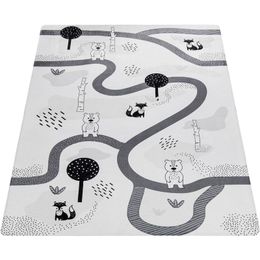 Paco Home Kinderteppich &raquo;Chicos 560&laquo; rechteckig 4 mm H&ouml;he Flachgewebe, Stra&szlig;en-Spiel-Teppich, Kinderzimmer wei&szlig; Polyester