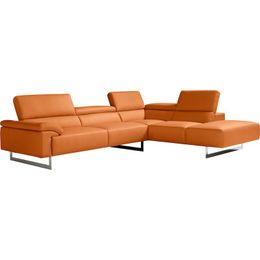 Egoitaliano Ecksofa &raquo;Malika, elegant und bequem, Designsofa, L-Form&laquo; mit Ottomane, inkl. Kopfteilverstellung und chromfarbenen Metallf&uuml;&szlig;en orange Leder &raquo;BULL&laquo; (