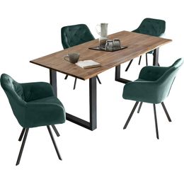 Salesfever Essgruppe &raquo;Stilvolle Essgruppe&laquo; Set, 5 Stk. tlg. 5-teilige Sitzgruppe mit 360&deg; Drehplatte und echter Baumkante gr&uuml;n Massivholz, Metall, 