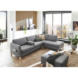 ATLANTIC HOME COLLECTION Ecksofa &raquo;Mailo L-Form&laquo; mit Seitentaschen und Ottomane, mit Massivholzf&uuml;&szlig;en grau