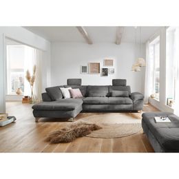 Die PlanBar Ecksofa &raquo;MP-IN14007 L-Form&laquo; wahlweise mit Bettfunktion und verstellbaren Kopfst&uuml;tzen, in Cord grau 100% Polyester