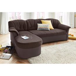 DOMO collection Ecksofa &raquo;Elva, zeitloses Design, elegante R&uuml;ckensteppung, Breite 233cm L-Form&laquo; wahlweise mit Bettfunktion und Federkern braun 