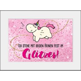 queence Bild &raquo;Glitzer&laquo; Einhorn Schriftzug Spr&uuml;che & Texte 1 Stk. tlg. HD Premium Poster-Druck inkl. Holzrahmen rosa Acrylglas, Holz, Papier