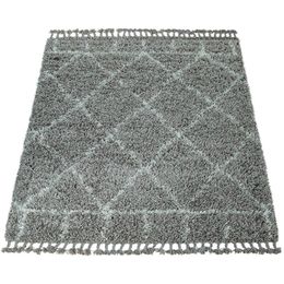 Paco Home Hochflor-Teppich &raquo;Nador 755&laquo; rechteckig 54 mm H&ouml;he weicher Shaggy mit Rauten Design und Fransen grau Polyester
