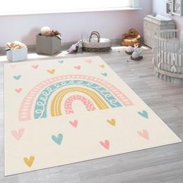 Paco Home Kinderteppich &raquo;Nino 887&laquo; rechteckig 13 mm H&ouml;he Kurzflor, Spielteppich, Motiv Regenbogen & Herzen, Kinderzimmer beige Polypropylen