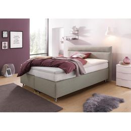 Westfalia Schlafkomfort Boxspringbett wahlweise mit LED-Beleuchtung beige Bezug Unterbox und Kopfteil: Strukturstoff (77% Polyester und 23% Viskose);Bezug Obermatratze 100% 