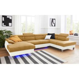 COTTA Wohnlandschaft &raquo;Komaris U-Form, B: 320 cm&laquo; mit Kopfteilverstellung, optional Bettfunktion, Bettkasten & Licht beige Microfaser PRIMABELLE (100% 