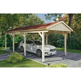 Skan Holz Einzelcarport &raquo;Fichtelberg&laquo; Leimholz natur mit roten Schindeln beige