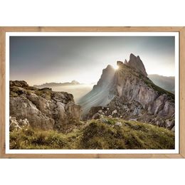 Bild mit Rahmen Berge Blumen Felsen Natur Sonnenaufgang 1 Stk. tlg. blau MDF, Papier