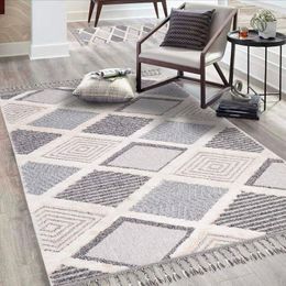 Carpet City Hochflor-Teppich &raquo;Valencia 731&laquo; rechteckig 20 mm H&ouml;he L&auml;ufer, Boho-Stil, 3D-Effekt, Raute, Hoch-Tief-Struktur, mit Fransen blau Polypropylen