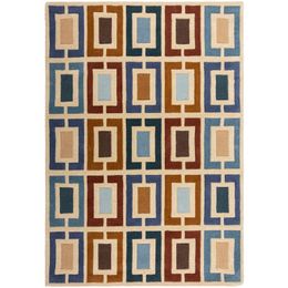 FLAIR RUGS Wollteppich &raquo;Retro Blocks mit Hoch-Tief-Effekt&laquo; rechteckig 10 mm H&ouml;he handgeschnitzter Wollteppich,Wohnzimmer, Schlafzimmer, Esszimmer blau
