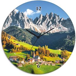 Artland Wanduhr &raquo;Glasuhr rund Alpen Berge Santa Maddalena&laquo; wahlweise mit Quarz- oder Funkuhrwerk, lautlos ohne Tickger&auml;usche gr&uuml;n