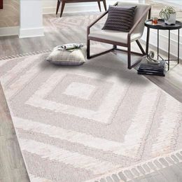 Carpet City Hochflor-Teppich &raquo;Valencia 813&laquo; rechteckig 20 mm H&ouml;he L&auml;ufer, Boho-Stil, 3D-Effekt, Raute, Hoch-Tief-Struktur, mit Fransen beige Polypropylen