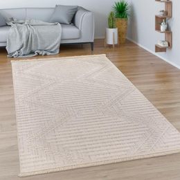 Paco Home Teppich &raquo;Buckman 461&laquo; rechteckig 11 mm H&ouml;he Kurzflor, Uni Farben, Hoch-Tief Effekt, Rauten, mit Fransen beige Polyester
