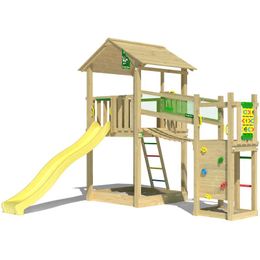 Jungle Gym Spielturm &raquo;Fortress&laquo; Spielanlage mit 2 T&uuml;rmen, Br&uuml;cke und Rutsche mit Wasseranschluss gelb Holzwerkstoff