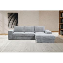 WERK2 Ecksofa &raquo;Rozzana Design Ecksofa mit hohem Komfort, zeitlos & elegant, L-Form,&laquo; in kuschelweichen Trendstoffen Cord, Breitcord und Pl&uuml;sch grau 90