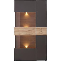 FORTE Vitrine &raquo;Como&laquo; Highboard, LED Beleuchtung Einlegeb&ouml;den, Glast&uuml;re, Soft Close grau FSC -zertifizierter Holzwerkstoff