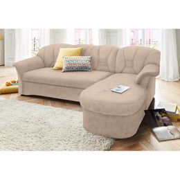 DOMO collection Ecksofa &raquo;Elva, zeitloses Design, elegante R&uuml;ckensteppung, Breite 233cm L-Form&laquo; wahlweise mit Bettfunktion und Federkern beige 