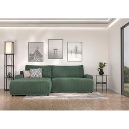 Trendmanufaktur Ecksofa &raquo;Fordon, Schlafsofa mit Bettkasten, Couch in L-Form, Breite 250 cm&laquo; in Cordstoff HYPER, dunkelgr&uuml;n, Recamiere links gr&uuml;n 92% 