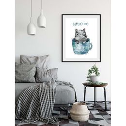 queence Bild &raquo;Cattucino&laquo; Humor Kaffee Kaffee Bilder Katze Schriftzug 1 Stk. tlg. HD Premium Poster-Druck inkl. Holzrahmen blau Acrylglas, Holz, Papier