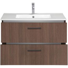 Welltime Waschtisch &raquo;Trento Badezimmerschrank mit Becken Bestseller&laquo; Badm&ouml;bel in Breite 80 cm , Waschplatz mit 2 Schubladen, Badschrank braun