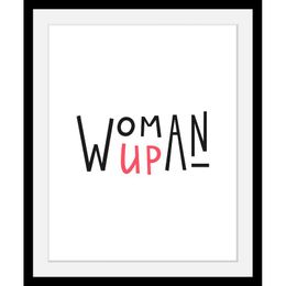 queence Bild &raquo;Woman&laquo; Fashion Frau Motivationsbilder Schriftzug Schwarz-Wei&szlig; HD Premium Poster-Druck inkl. Holzrahmen bunt Acrylglas, Holz, Papier